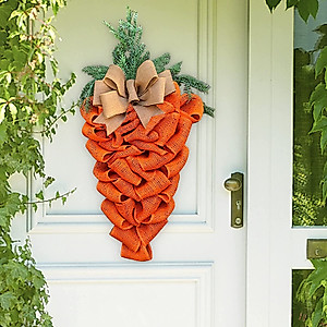 Easter Bunny Carrot Shape Wreath for Front Door Decoration,Artificial Carrot Wreath with Burlap Bow Simulation Carrot Hanging Wreath,for Home Festival Decor,Spring Garden Decoration,Easter Gift
