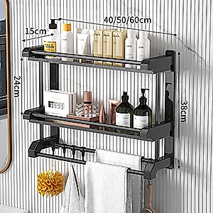 SWTOIPIG Floating Shelves, 2 Layers Bathroom Shelves with Hooks, Wall Shelves, Bathroom Shelf with Rails, Wall Mounted Storage Shelves, Metal Frame and ABS Plastic Towel Rack for Bathroom/Kitchen