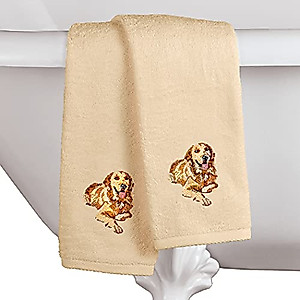 Collections Etc Dogs Embroidered Cotton Hand Towels Set of 2 - Detailed Stitch Work, Golden Retriever