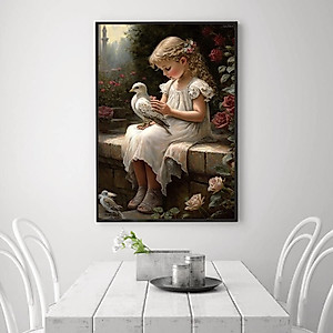 QAZWSX Angel Girl DIY Christmas Diamond Painting, Roses 5D Diamond Art, White Pigeon Full Round Diamond Art Kits for Adults Kids for Wall and Home Decor Christmas New Year Gift 12x16 inch