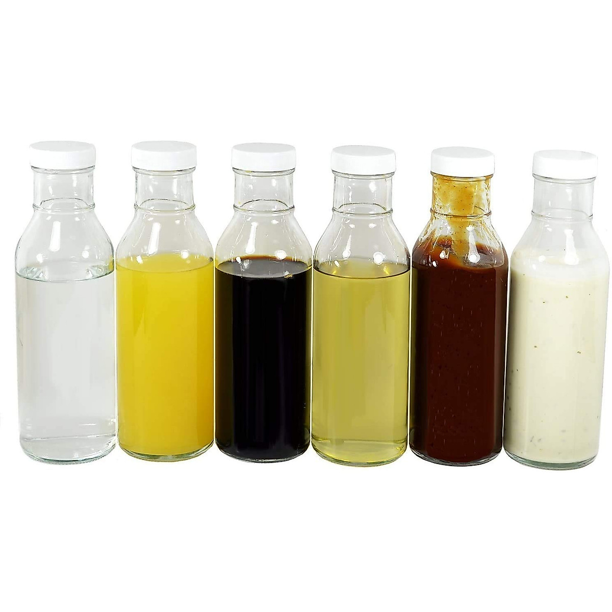 nicebottles Clear Glass Beverage/Sauce Bottles, 12 Oz, Black Caps - Case of 12