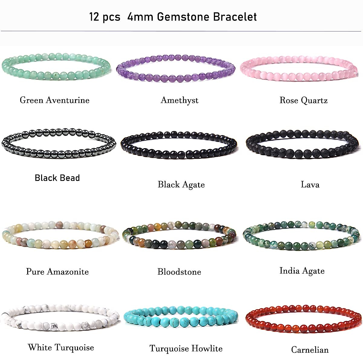 SONNYX 12 Pieces 4mm Mini Gemstone Bracelets for Women Men Natural Stone Bracelets Handmade Crystal Beaded Stretch Bracelet Unisex Couple Bracelets