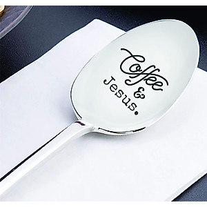 Coffee and Jesus Stainless Silver Engraved Spoon | Religious Wedding Present | Pastor Gift Idea | Love of Parents - Children Son/Daughter | Spiritual Holy Gift for Christmas Coffee Lovers - 7 Inch