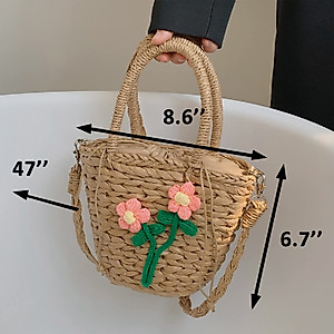 QTKJ Beach Bag for Women, Mini Straw Bag Handmade Crossbody Bag, Knitted Crochet Flowers Handbag, Boho Retro Straw Tote Bag, Woven Bag Suitable for Vacation Travel Work (Khaki)