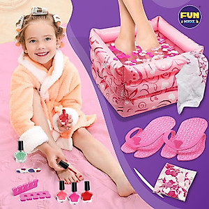Kid Foot Spa Kit, Funkidz Pedicure Set for Girls Size 17.91Wx12.4L Box Includes Bigger Inflatable Durable Foot Tub Inflator Pump Peelable Nail Polish Supplies of Sleepover Slumber Party Kit