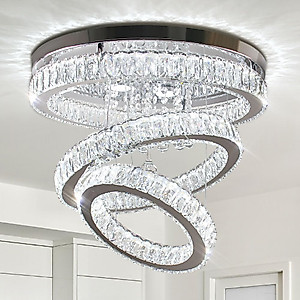 Finktonglan 19.7" Crystal Chandelier Modern LED Crystal Ceiling Light Fixture Flush Mount Ring Chandeliers for Bedroom Dining Room Living Room 6500K Cool White