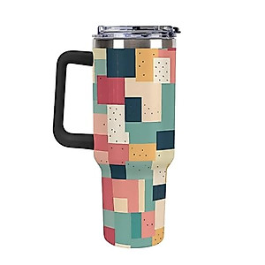 Colorful Blocks 40 Oz Stainless Steel Cup Travel Tumbler with Handle and Straw Lightweight Coffee Mug for Home Office