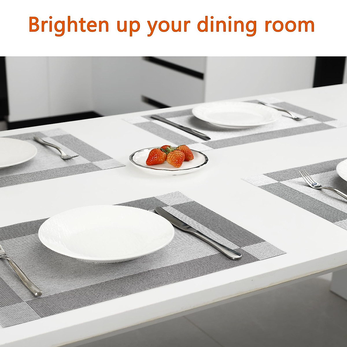 Uolr Table Mats Set of 6 Grey Washable& Wipeable Plastic Placemats for Kitchen Indoor Outdoor Heat Resistant Non Slip Woven Vinyl Table Placemats Protect Dining Table Silver Place mats (Grey)