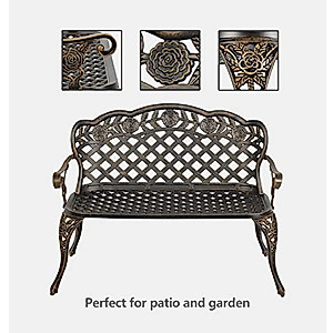 CIYOUNG Outdoor Aluminum Bench, Rust-Resistant Metal Loveseat, Seating Furniture for Garden Patio Porch Park Deck Lawn w/Floral Grid Design - Bronze