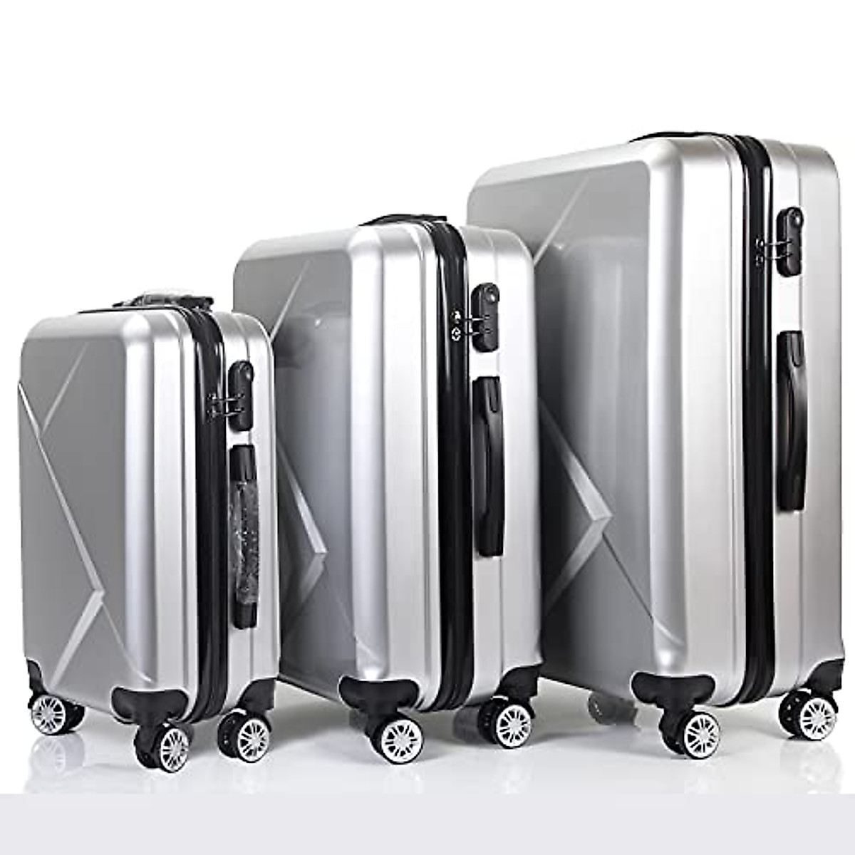 Tiktun Luggage, PC+ABS Hardshell Lightweight Durable Spinner Wheels Suitcase, Silver, 3-Piece Set (20"/24"/28")