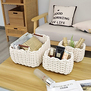 JJSQYLAN Cotton Rope Blanket Storage Basket for shelf,small decorative woven basket Organization and storage for Candy Food Nursery Baby Clothes Towels Diaper Caddy Books (Set of 3, White)