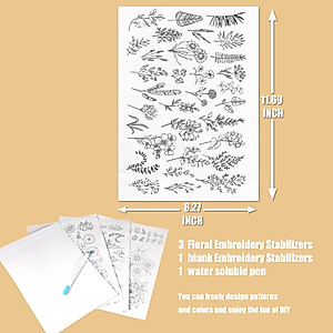 yklbpd 100-Pack Water-Soluble Stabilizer and Adhesive Embroidery Paper, with 3 Sheets of A4 Pre-Printed Patterns and 1 Blank Stabilizer + 1 Water-Soluble Marking Pen. Suitable for Hand Sewing.