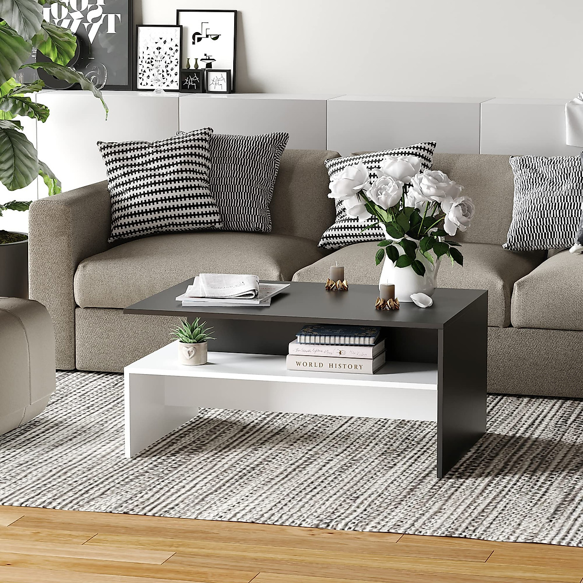 HOMCOM Modern Coffee Table, 2-Tier Rectangular Center Table with Storage Shelves for Living Room, Black/White