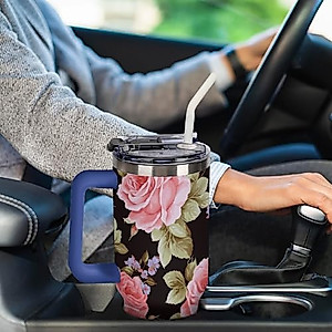 LLUTSNTH 40 Oz Vacuum Tumbler with Deep Blue Handle Leakproof Insulated Tumbler Pink Rose Stainless Steel Travel Mug with Lid And Straw Coffee Cup Cute Water Bottles Cup Holder Friendly