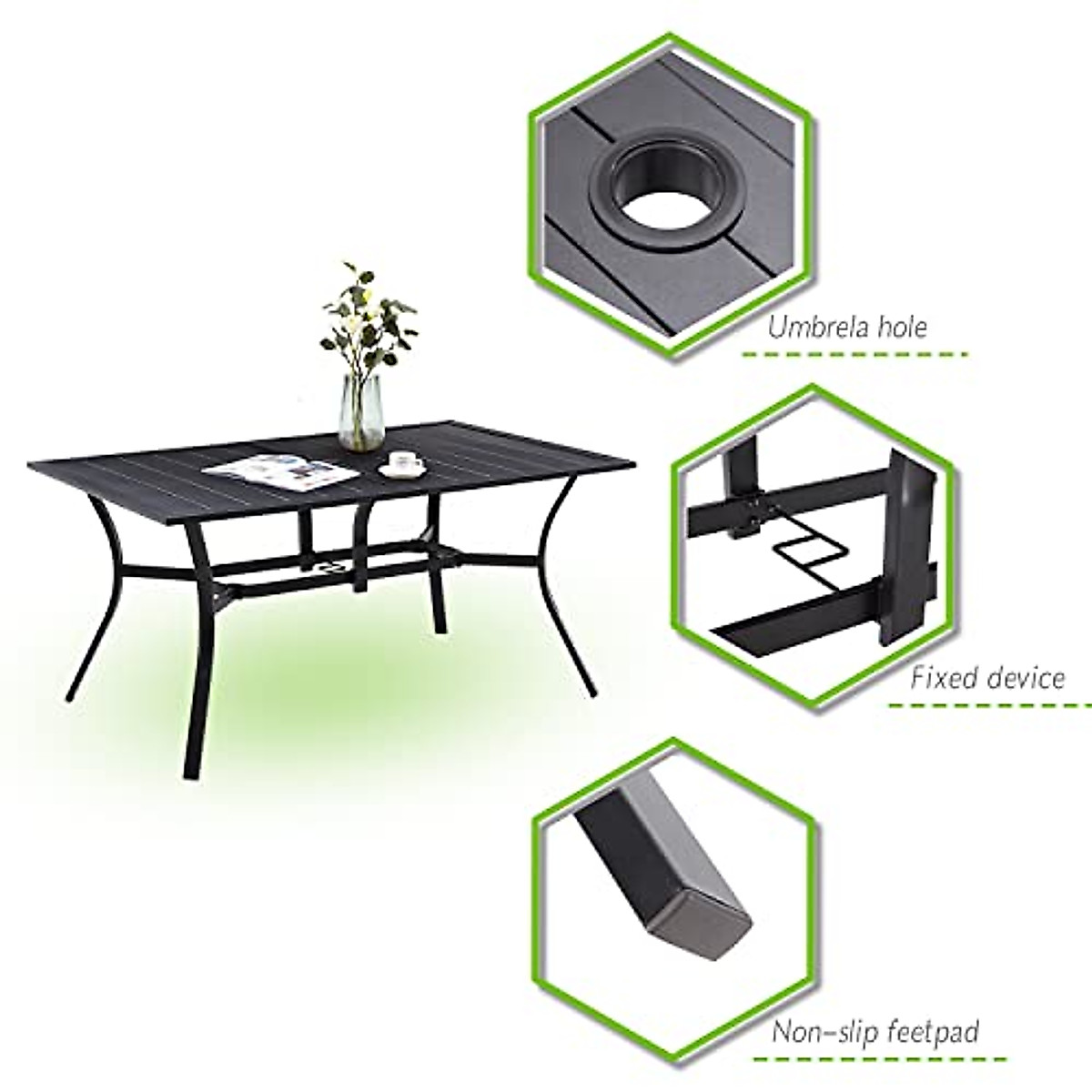 VICLLAX Outdoor Patio Dining Table for 6, 59"x 38" Metal Slatted Tabletop with Umbrella Hole for Patio Lawn Deck