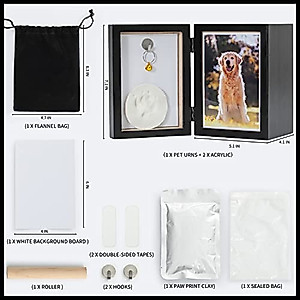 Montessori & Handmade Pet Dog Urns for Ashes, Dog or Cat Memorial Urns for Ashes, Wooden Pet Cremation Box with Picture Frame, Paw Print Making Kit Included, 4" x 6" Photo Insert (Black)