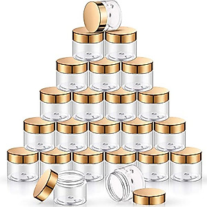 SATINIOR 24 Pieces Empty Clear Plastic Jars with Lids Round Storage Containers Wide-Mouth for Beauty Product Cosmetic Cream Lotion Liquid Slime Butter Craft and Food (Gold Lid, 2 oz)