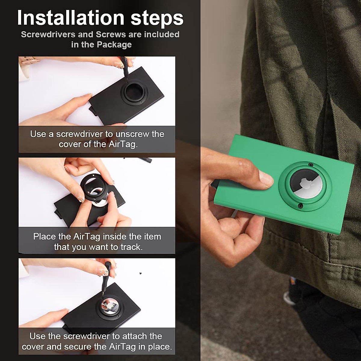 AirTag Card Holder Wallet with AirTag Holder, Pop Up Wallet RFID Blocking Slim Metal Bank Credit Card Case Holds 5 Cards (Black)