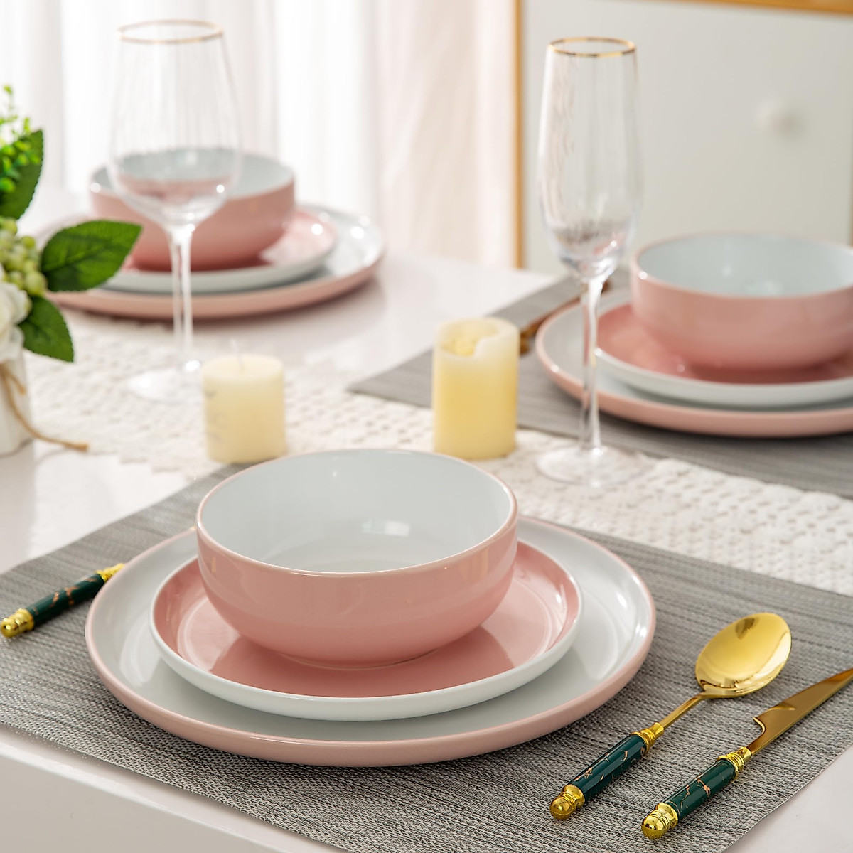 GBHOME Ceramic Dinnerware Sets,Double Color Glaze Plates and Bowls Set,Highly Chip and Crack Resistant | Dishwasher & Microwave Safe | Round Dishes Set Service for 4 (12pc)