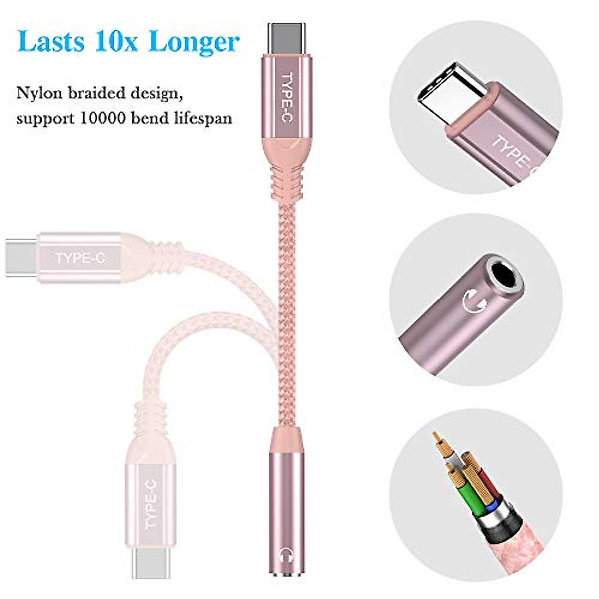 TITACUTE USB C to 3.5mm Jack Audio Adapter USB C Headphone Adapter Hi-res Aux Cord Earphones Dongle Stereo Cable for OnePlus 8T 8 7T 9 Pro Samsung S22 Ultra S21 S20 FE Galaxy Z Flip 3 Note 20 RoseGold