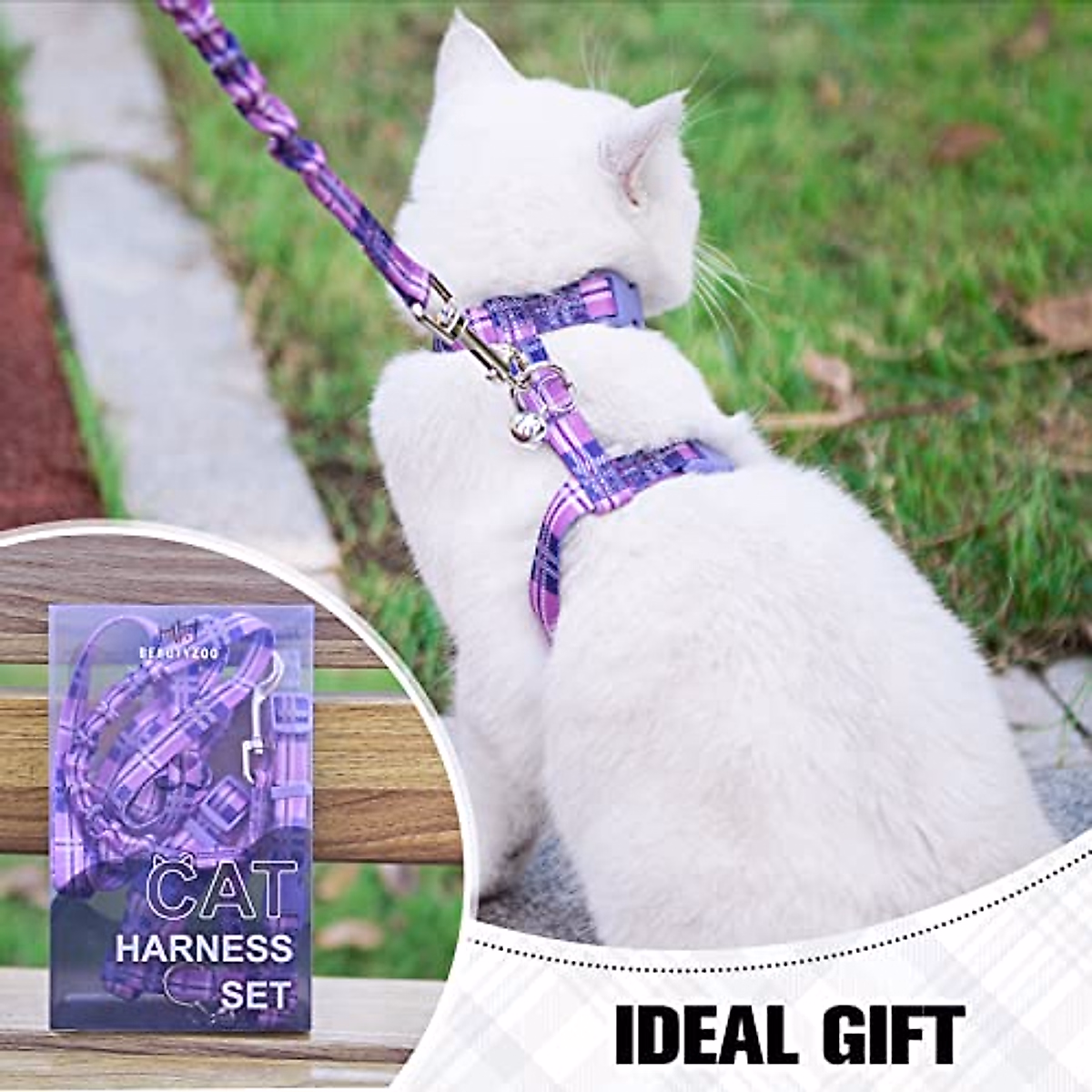 BEAUTYZOO Cat Harness and Leash Set Escape Proof for Walking, Kitten Soft Adjustable Vest Harnesses for Small Medium Large Cats, Easy Control Breathable Plaid Ribbon Nylon for Outdoor Indoor Use