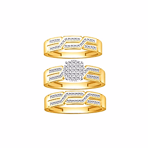 AFFY White Natural Diamond Wedding & Engagement Trio Band Ring Set in 10k Solid Yellow Gold (0.25 Carat)
