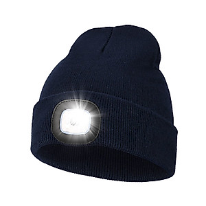 Unisex LED Beanie with Light, USB Rechargeable Hands Free LED Headlamp Hat, Knitted Night Light Beanie Cap Flashlight Hat, Men Gifts for Dad Father Husband (Navy Blue)