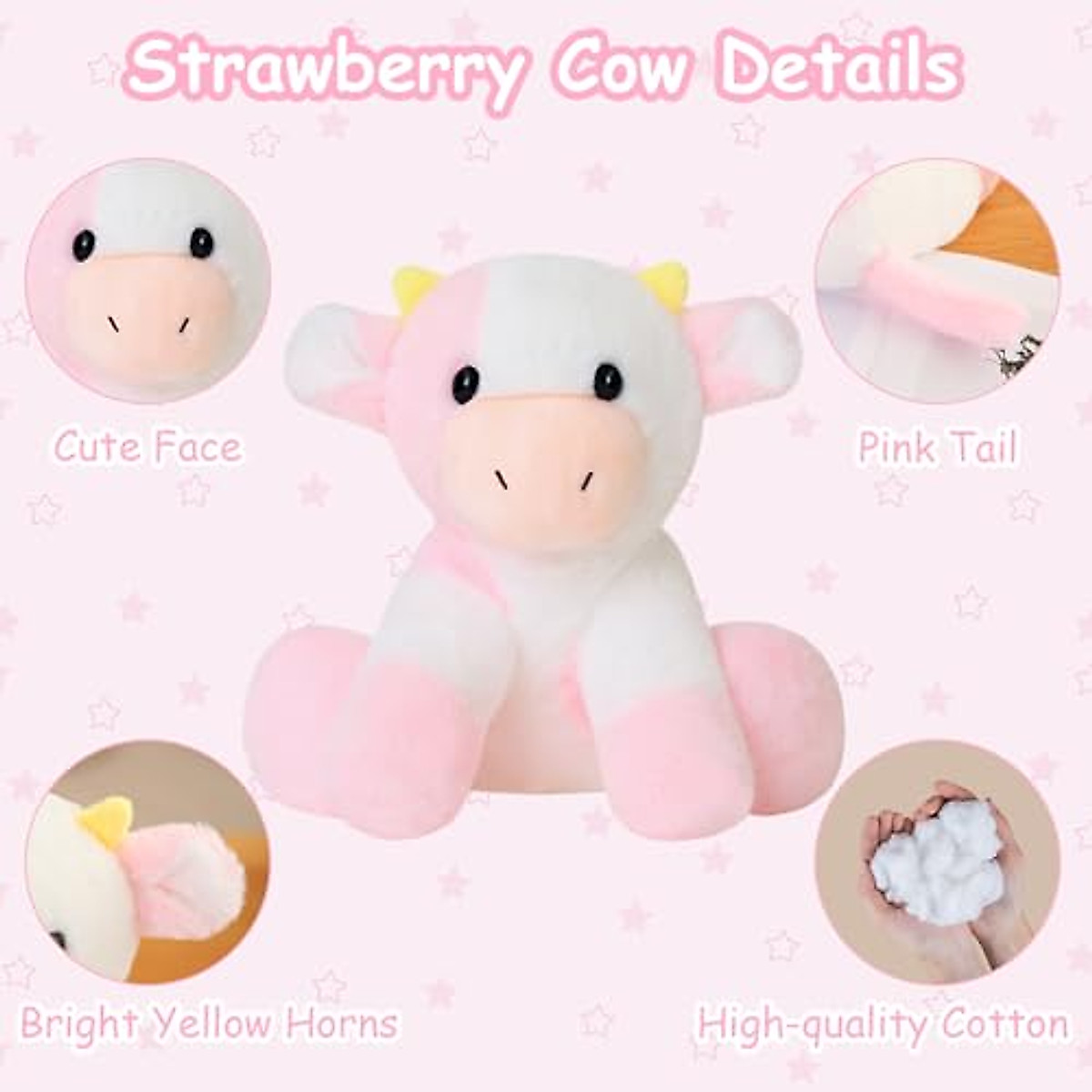 Gvimenos Pink Cow Stuffed Animal Cute Hug Cow Plushies, Soft Strawberry Cow Throw Pillow, Cartoon Cow Plushie Decoration Gift for Boys Girls(8 Inch)