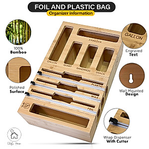 Chef's Haven 9 IN 1 Storage Bag Organizer, Foil and Plastic Wrap Organizer with Cutters, Bamboo Kitchen Baggie Organizer for Drawer, Pantry & Countertop, Storage for Gallon, Quart, Sandwich, Snack Bag