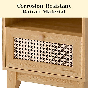 Betterhood Rattan Nightstand Set of 2, Boho Bedside Table with Drawer and Charging Station, Wooden Side Table for Bedroom, Dorm and Small Space, Natural