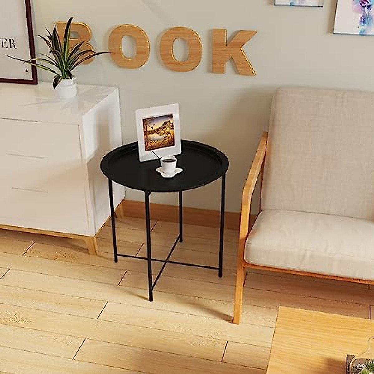 FSTAR Small Round Side End Table, Small Round Nightstand, Portable Folding Metal Accent Table Next to Couches/Sofas, or Against a Wall (Black, 1PCS)