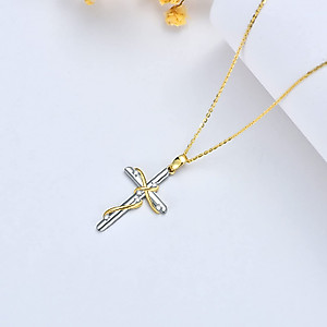 SISGEM Real Gold Diamond Cross Necklace for Women,10K Yellow/White Gold Religious Cross Pendant Necklace Genuine Diamond Cross Jewelry Gifts for Birthday Christmas 16+1+1 inch