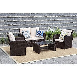 Solaste 4 Piece Patio Outdoor Furniture Sets,Patio Conversation Sofa Wicker Chair with Cushion,Hand Woven Rattan Sofa for Porch Backyard Outside Garden Lawn Yard,Brown