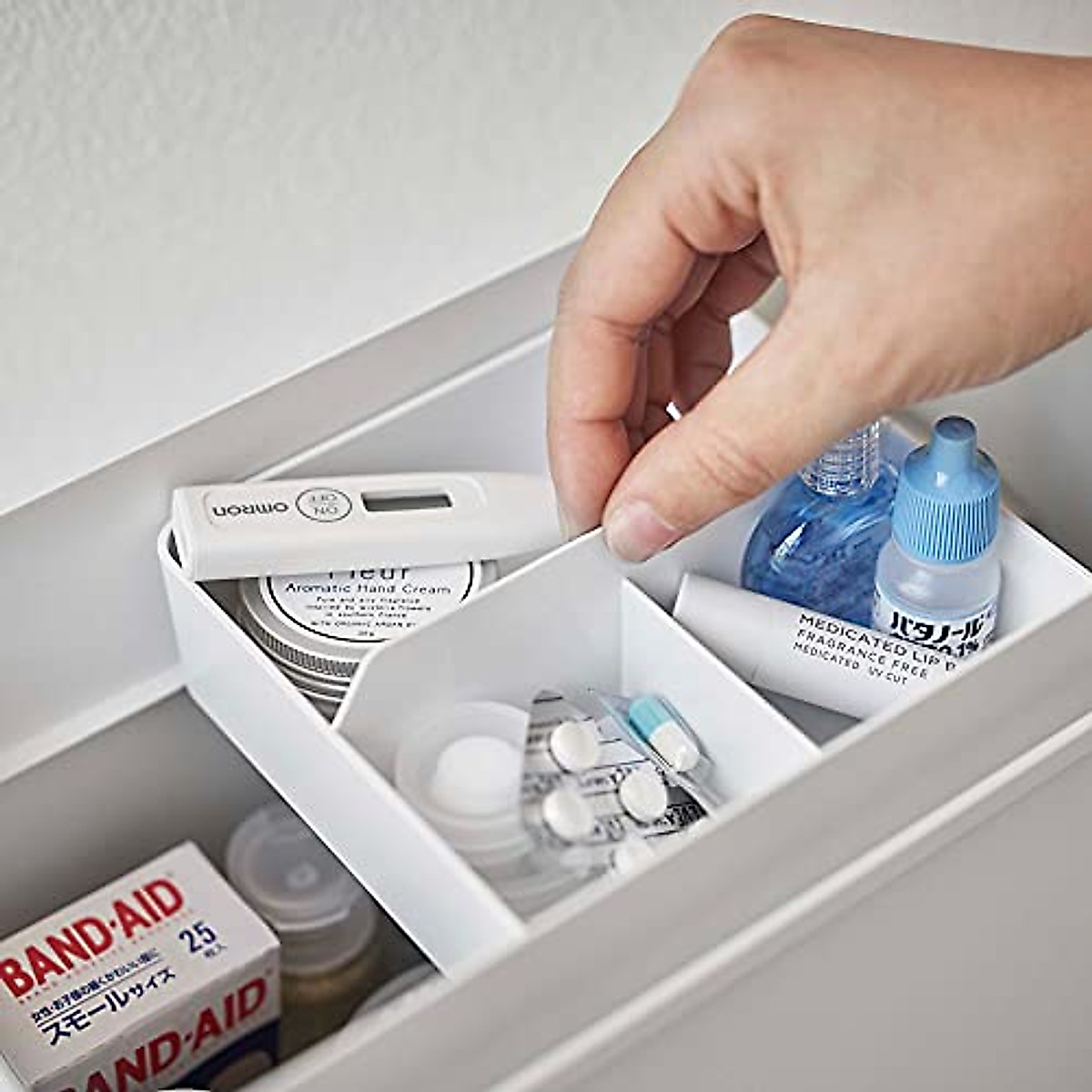 YAMAZAKI Home First Aid Box Three Tiered Medical Supplies Metal Organizer With Multicompartment Storage, Steel + Wood, Handles, Lid, No Assembly Req.