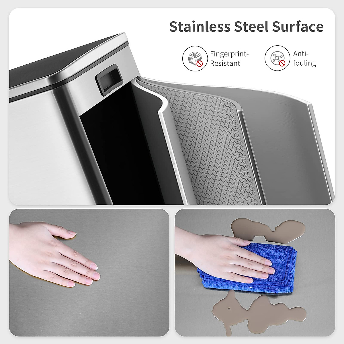 Arlopu 16 GallonStainless Steel Trash Can, 60L Dual Compartment, Metal Kitchen Step Recycle Bin, Metal Double Dustbin, in-Home Garbage Rubbish Can W/Removable Liner Buckets (Silver)