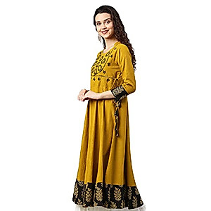 Yash Gallery Women's Cotton Slub Sequin Work Angrakha Kurtis (Mustard Yellow)