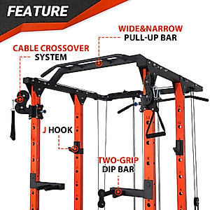 ER KANG Fitness Power Cage, Cable Crossover Machine with LAT Pull Down Bar, T Bar, Cable Bar/Handle for Home Gym Strength Training Orange