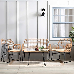 PAOLFOX 4 Piece Patio Conversation Sets,Wicker Patio Furniture Sets,Outdoor Patio Furniture,Outside Furniture,Backyard Furniture,Front Porch Furniture,Beige