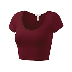 Women's Cotton Basic Scoop Neck Crop Tops Short Sleeve Tops DARKBURGUNDY M