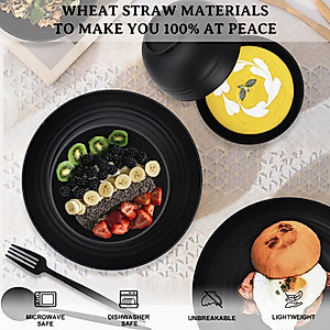 28-Piece Wheat Straw Dinnerware Sets, Microwave & Dishwasher Safe Unbreakable Dinnerware Set, Reusable Dishware Sets, Lightweight Camping Dishes, Plates, Cups, Cereal Bowls for 4（Black）