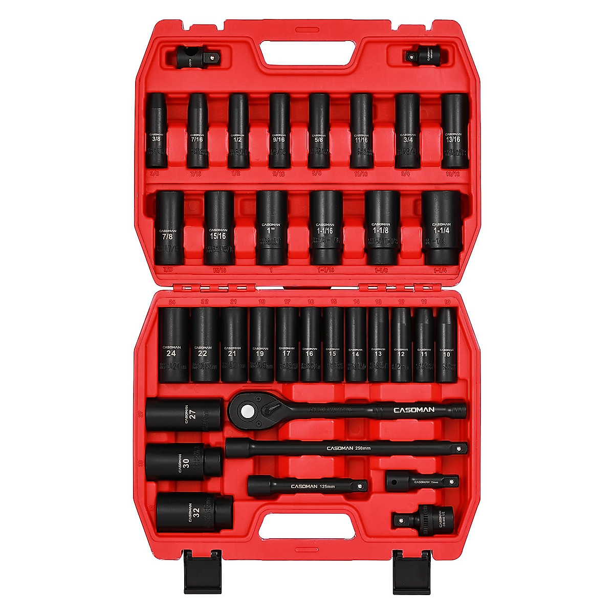 CASOMAN 3/8" Drive Impact Socket Set, 48 Piece Standard SAE and Metric Sizes (5/16-Inch to 3/4-Inch and 8-22 mm), 6 Point, Cr-V Steel Socket Set & 1/2" Drive Master Impact Socket Set, 36 Piece Deep, S
