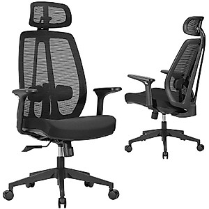 Ergonomic Mesh Office Chair, High Back Big and Tall Desk Chair with Adjustable Lumbar Support and Headrest, Tilt Function Swivel Rolling Computer Chair with 2D Armrest and PU Wheels