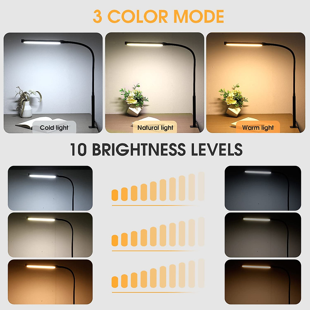 LIBORA LED Desk Lamp with Clamp, Dimmable Clip Light for Home Office, 3 Modes 10 Brightness, Long Flexible Gooseneck, Eye-Caring, Architect Table Task Lamps with USB Adapter, Black