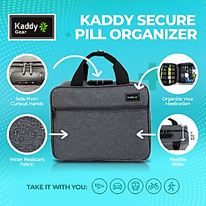 Kaddy Large Medicine Bag, Secure, Padded, Pill Organizer Box, Case for Bottles of Medicine or Supplements; Storage; Toiletry; 3 Digit Lock, Grey