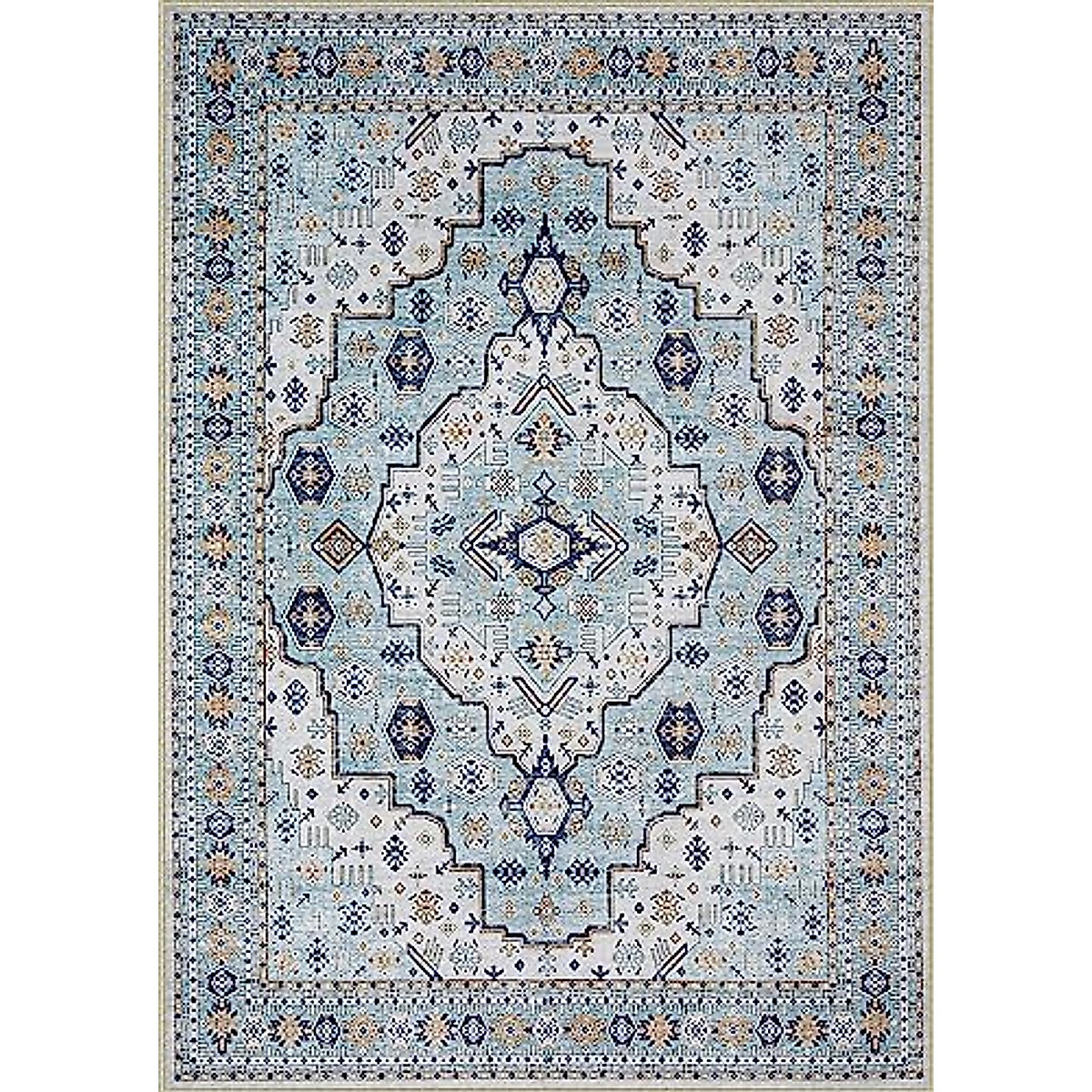 Washable Rug Living Room Rugs: 8x10 Area Rug Large Boho Medallion Distressed Carpets Indoor Soft Floor Anti Slip Carpet for Under Dining Table Bedroom Farmhouse Home Office - Cyan Blue/Beige