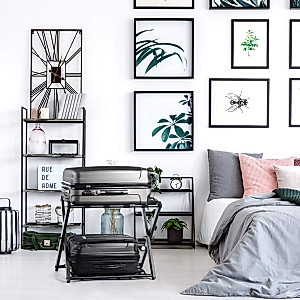 Tangkula Luggage Rack, Folding Metal Suitcase Luggage Stand, Double Tiers Luggage Holder with Shoe Shelf, Luggage Stand for Bedroom, Guest Room, Hotel (Black)