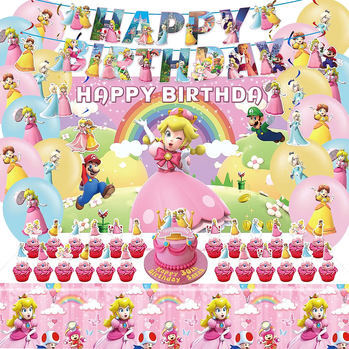 Mario Princess Peach Party Decorations, Mario Princess Peach Birthday Party Supplies Include Banner, Balloons, Hanging Swirls, Backdrops, Cake Toppers, Tablecloth, Mario Princess Peach Party Favors