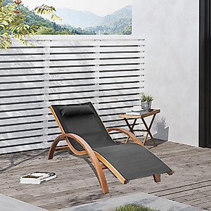 Outsunny Outdoor Chaise Wood Lounge Chair with Pillow, Armrests, Breathable Sling Mesh and Comfortable Curved Design for Patio, Deck, and Poolside