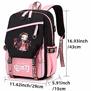 Luckbanjie 17'' Nezuko Backpack Tanjiro Anime School Book Bag Latop Backpacks (Pink-A)