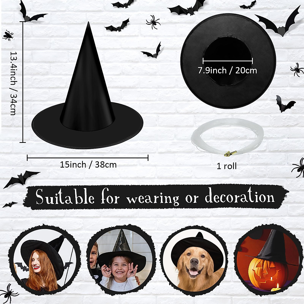 ZMCINER 12 Pcs Halloween Black Witch Hats Decorations Hanging Witch Hats with 100 Yards Rope for Halloween Witch Costume Accessories and Halloween Party Decorations
